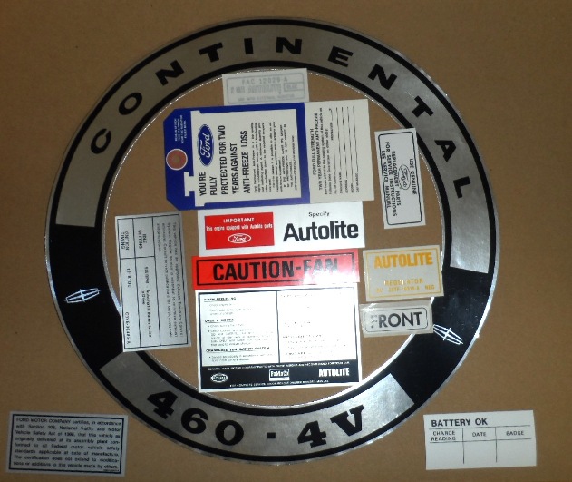 Lincoln Engine and trunk Compartment Decal Kits 1958 to 1989